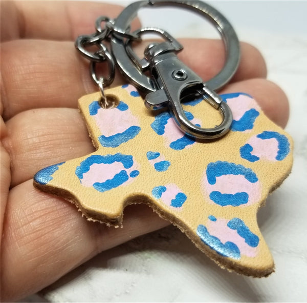 Texas Shaped Hand Painted Pink and Blue Leopard Print Real Leather Key ...