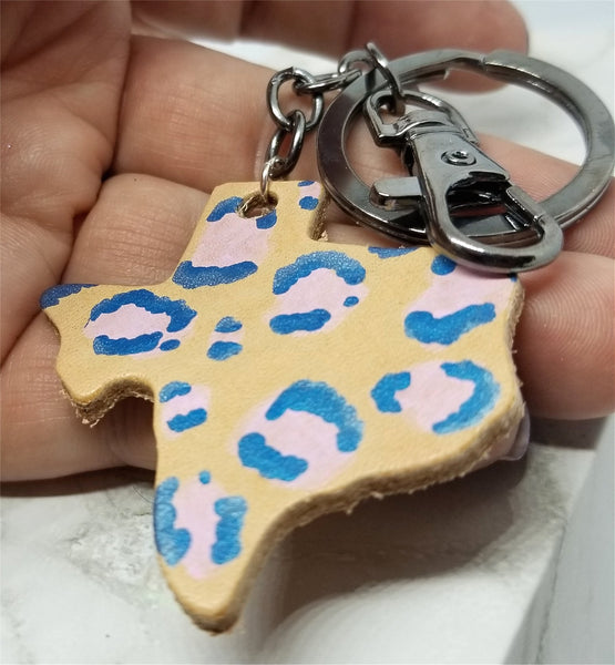 Texas Shaped Hand Painted Pink and Blue Leopard Print Real Leather Key ...