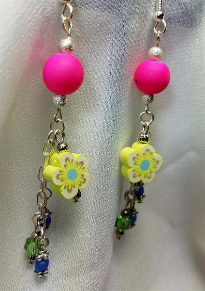 Hot Pink Rubber Bead and Fimo Clay Yellow Flowered Bead Earrings with ...